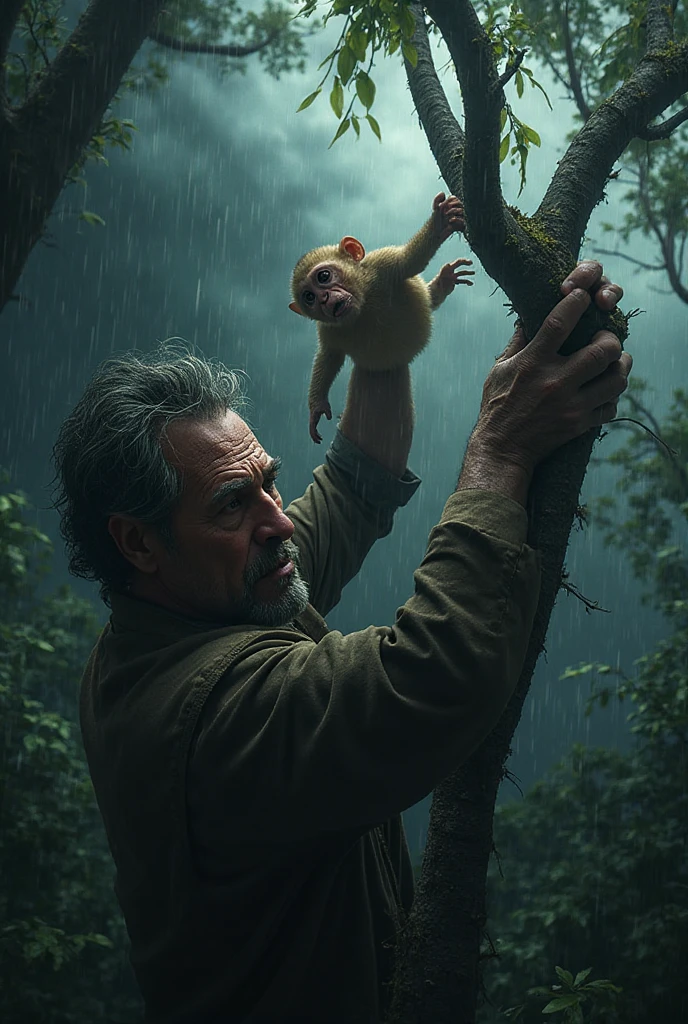 A man saves a monkey during a storm - SeaArt AI
