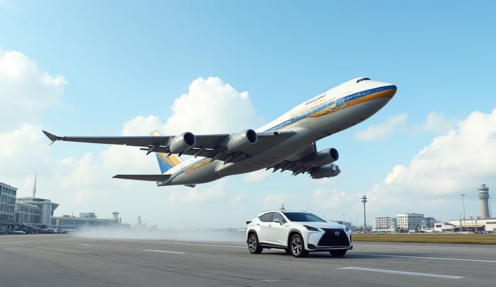 A very large white and gold plane and a blue stripe turned sideways ...
