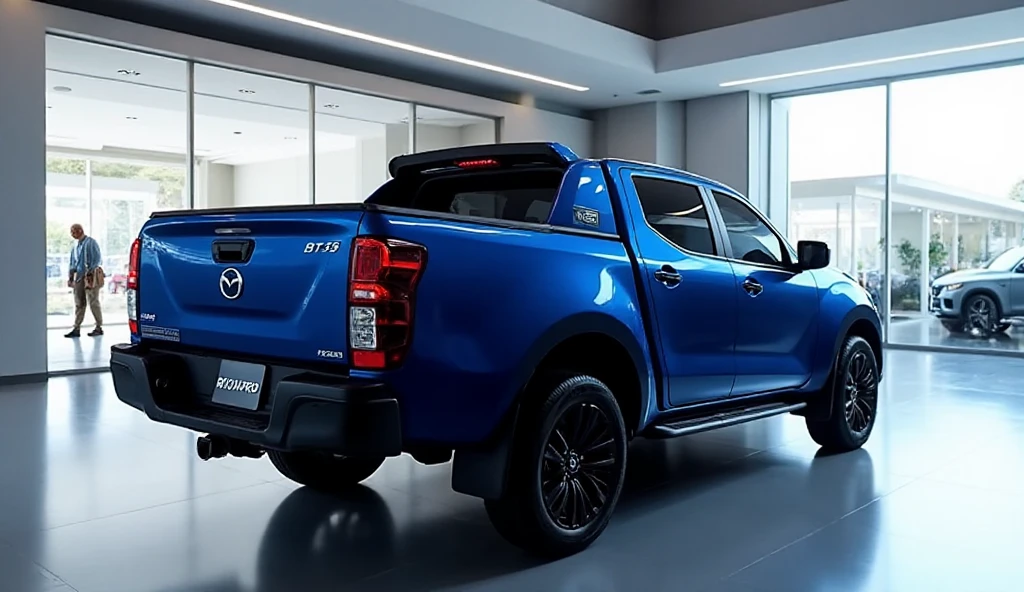 2026 Mazda BT-50 Pro, rear side 3/4 angle view, blue colour, inside a ...