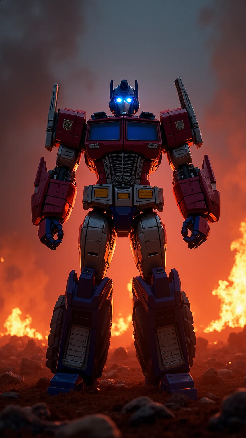 3D cartoon-style scene of Optimus Prime standing on a burning ...