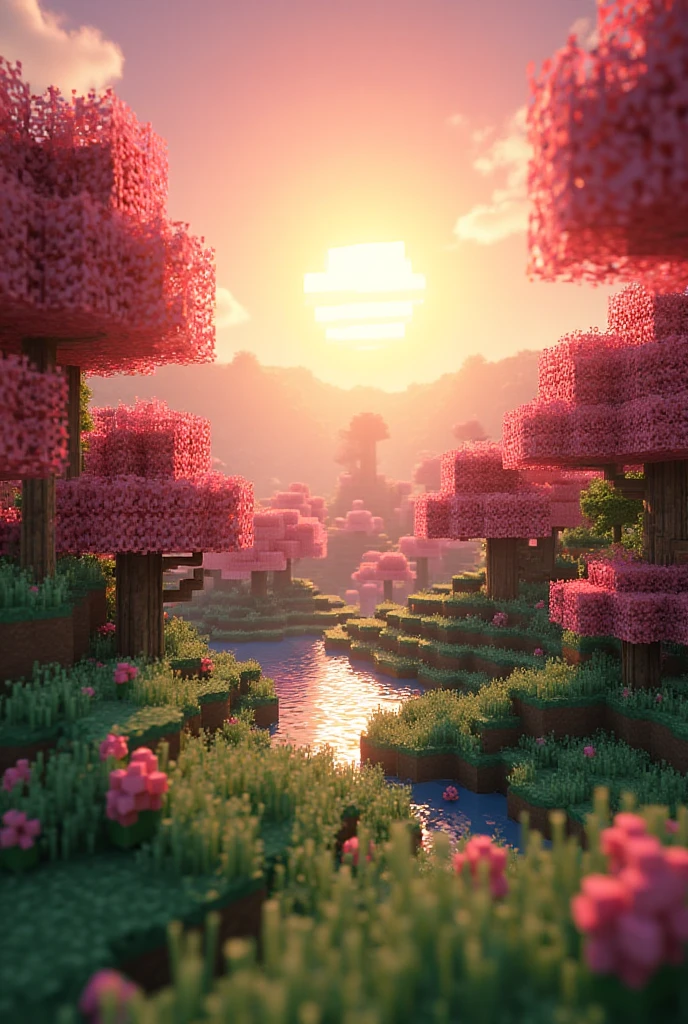 Generate a Minecraft cherry biome image at sunset - SeaArt AI