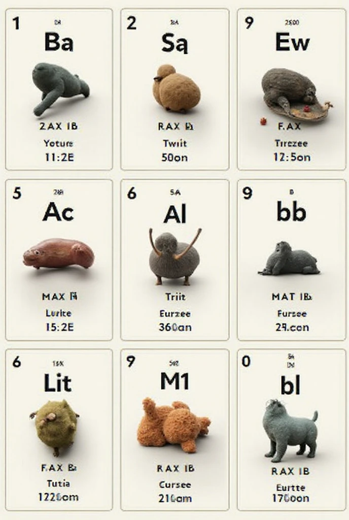 Generate 6 cards in an image of the chemical elements with only the ...