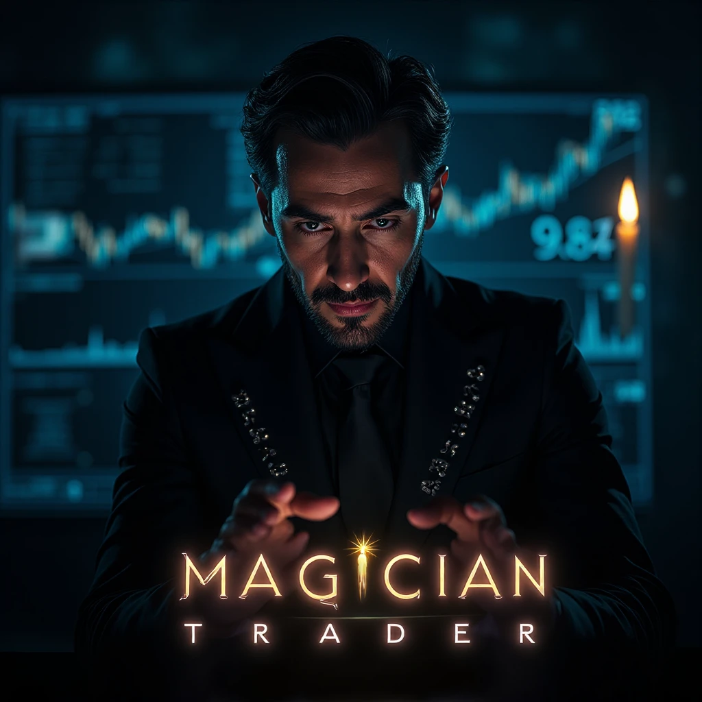 Hyper-realistic cinematic portrait of a modern-day magician trader in a ...