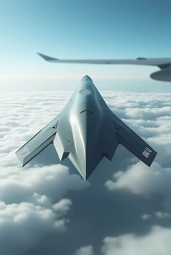 A futuristic aircraft, resembling a stealth bomber, soars high above a ...