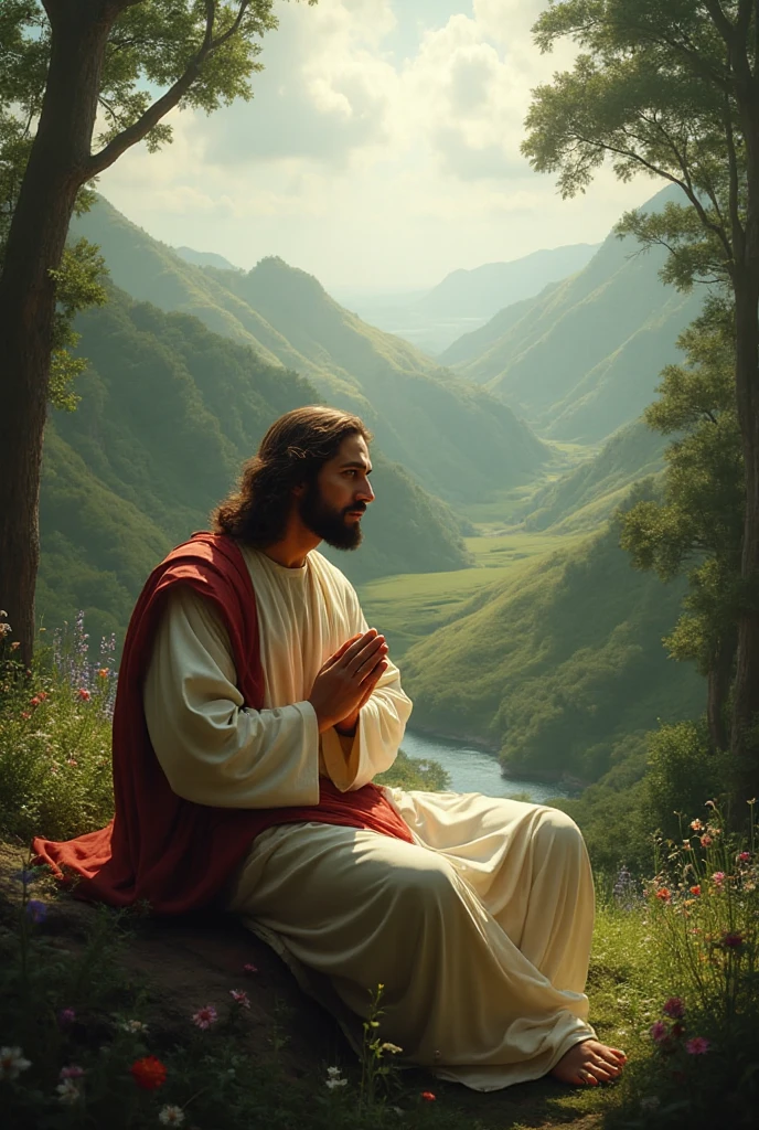 Jesus seated in a beautiful landscape with his eyes looking at the sky ...