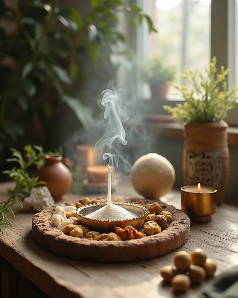 Realistic photograph of a small homemade altar with a light and ...