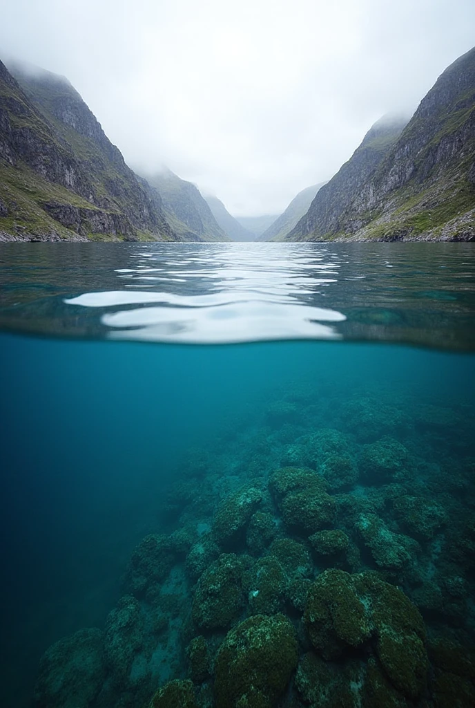 Pictures of a fjord, which show the view above and below the water ...