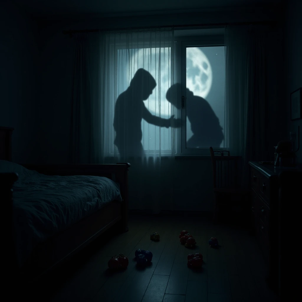 Threatening silhouette projected on the wall of a family bedroom in dim ...