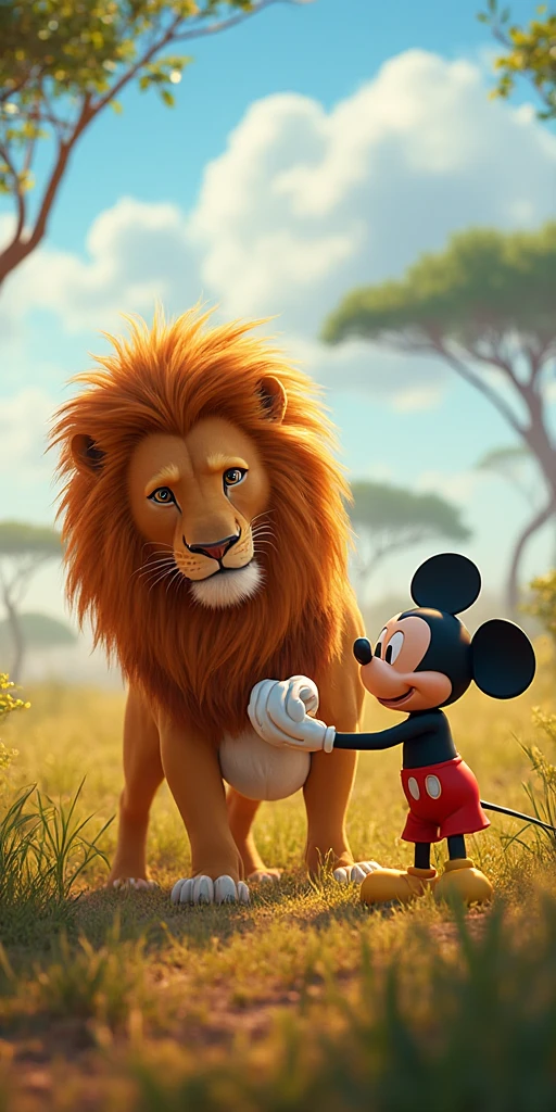Now I want an animated Pixar-style lion and Mickey Mouse - SeaArt AI