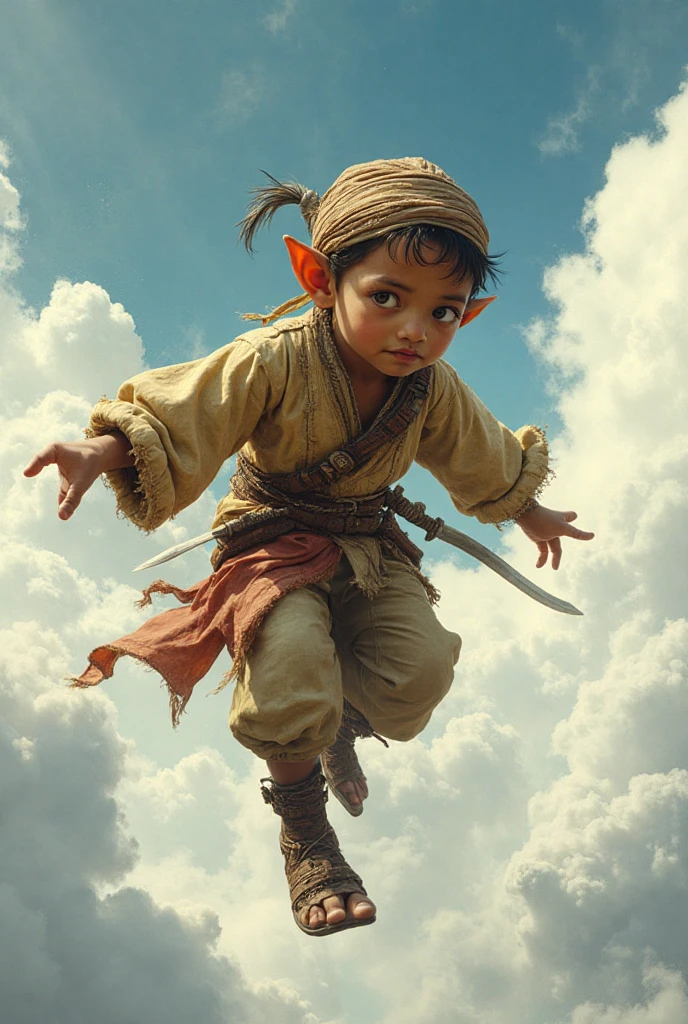 A dwarf boy with a skinny body in an old oriental robe and wide ...