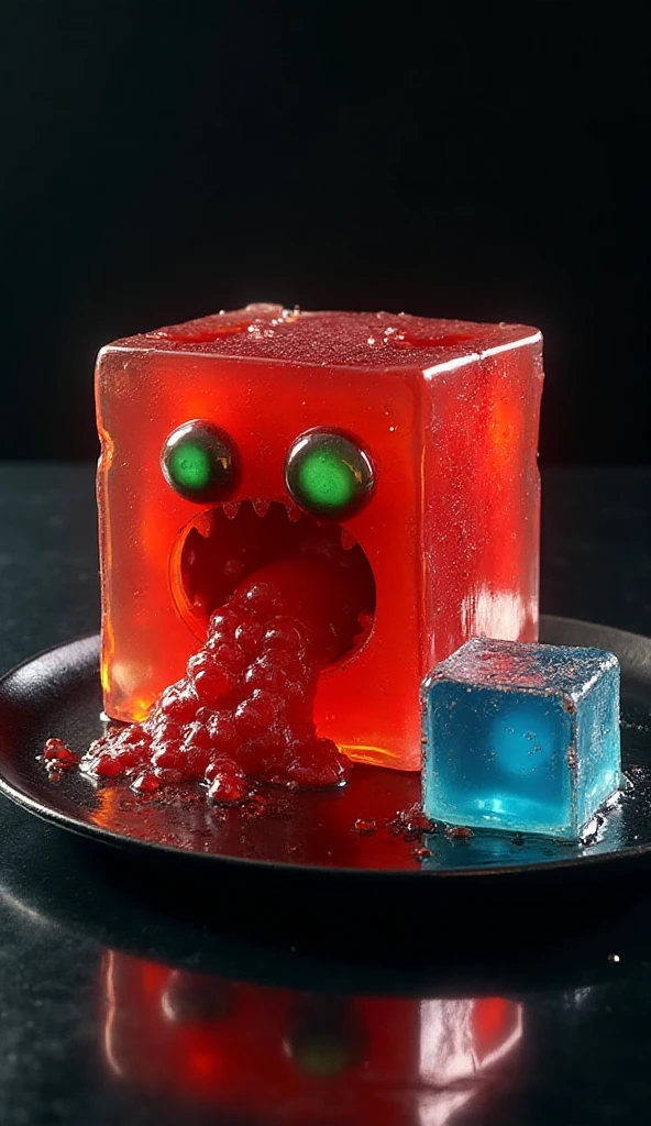 A translucent red jelly cube monster with bulging green eyes and a ...