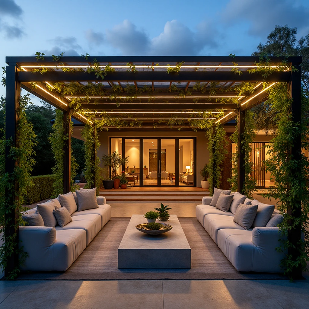 A modern Australian alfresco outdoor living area at 5 PM in the evening ...