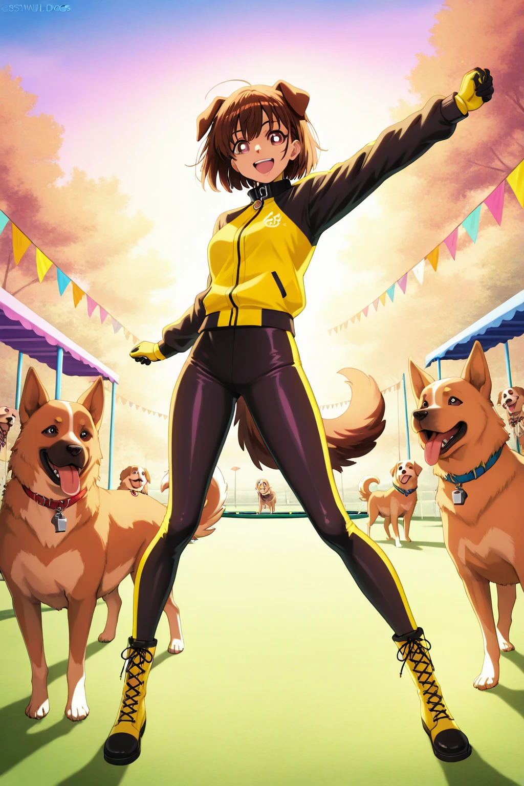 Dog trainer, anime artstyle, sporty outfit, confident pose, agility ...