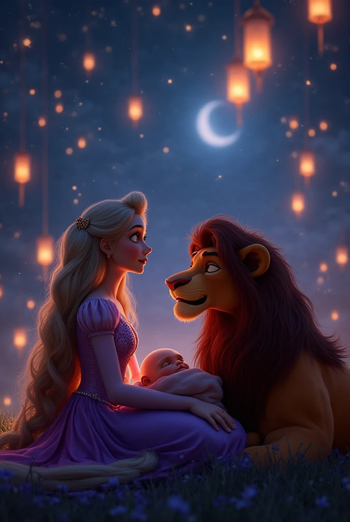 .Hyper-realistic scene of Rapunzel wearing a purple dress sitting ...