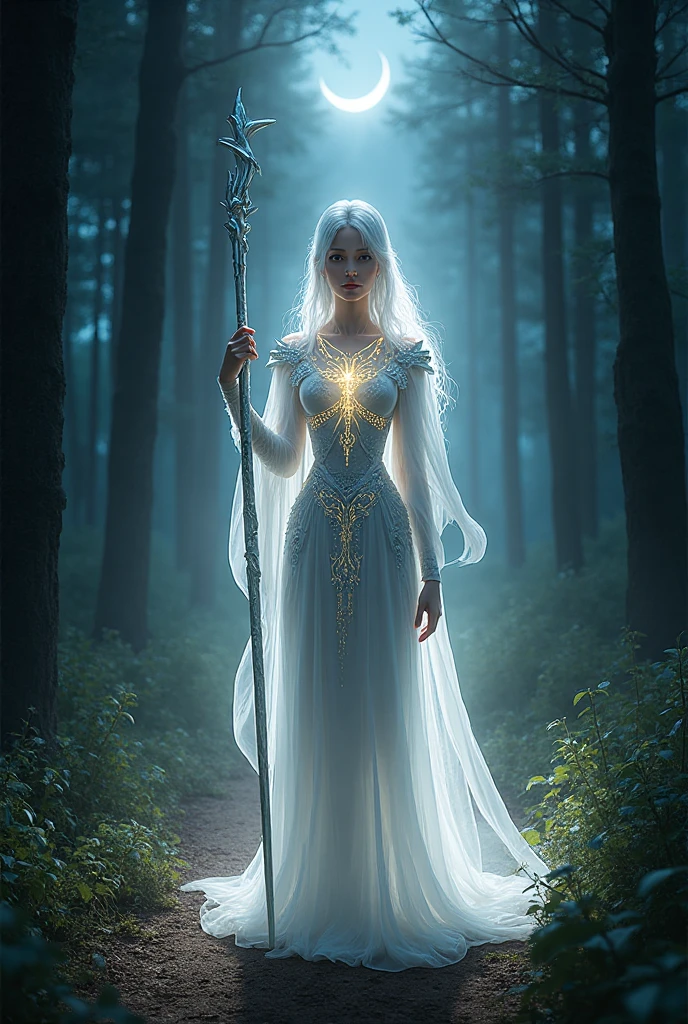 A beautiful girl priestess of light with a shining staff behind her ...
