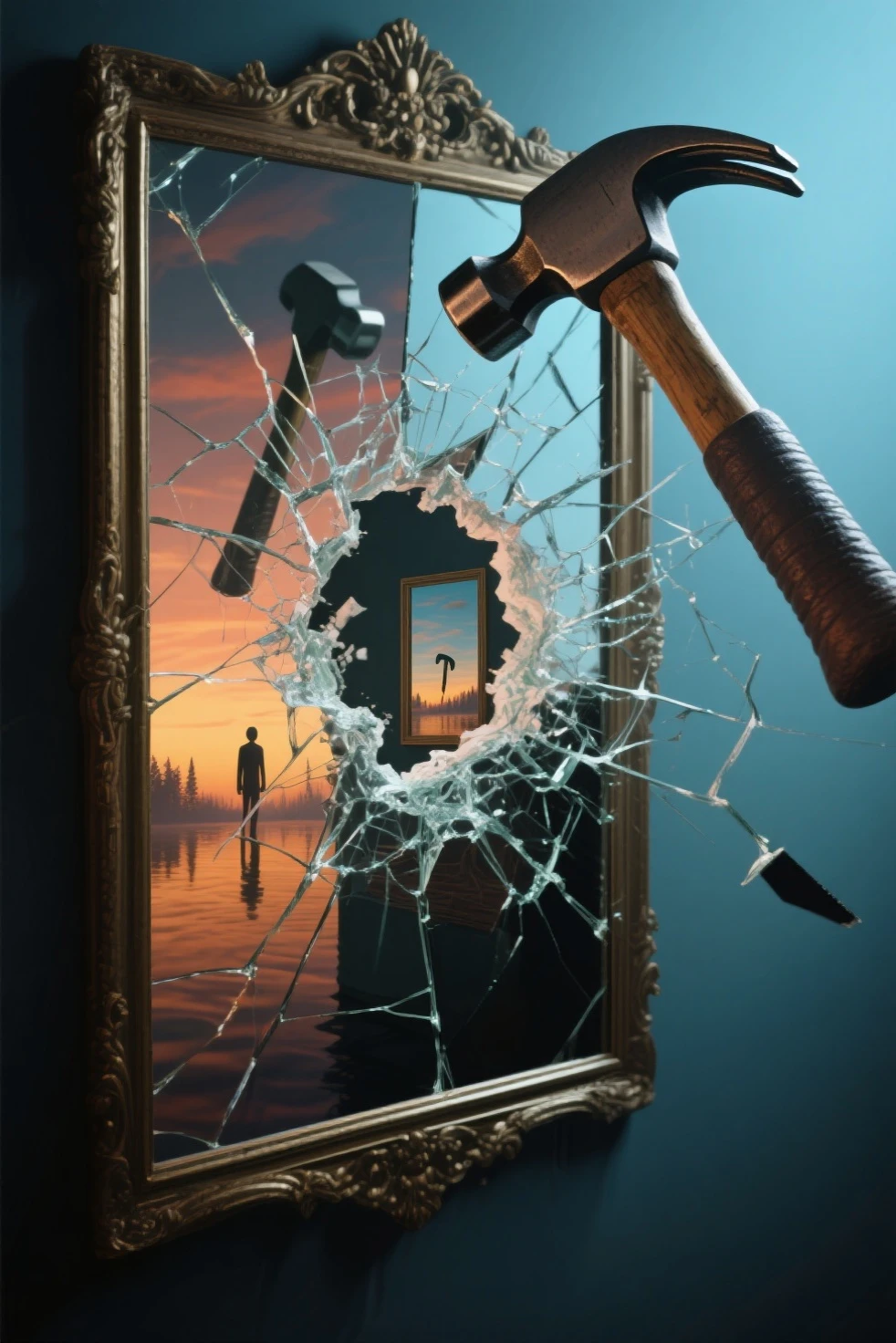 A false world reflected in a mirror. A giant hammer shatters the mirror ...