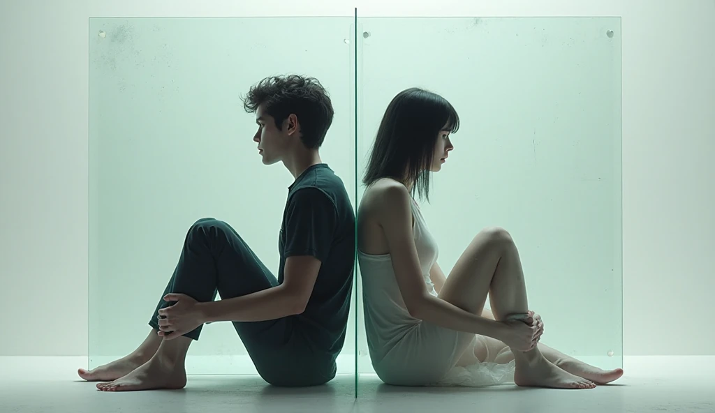 Two people sitting back-to-back, with a transparent wall between them ...