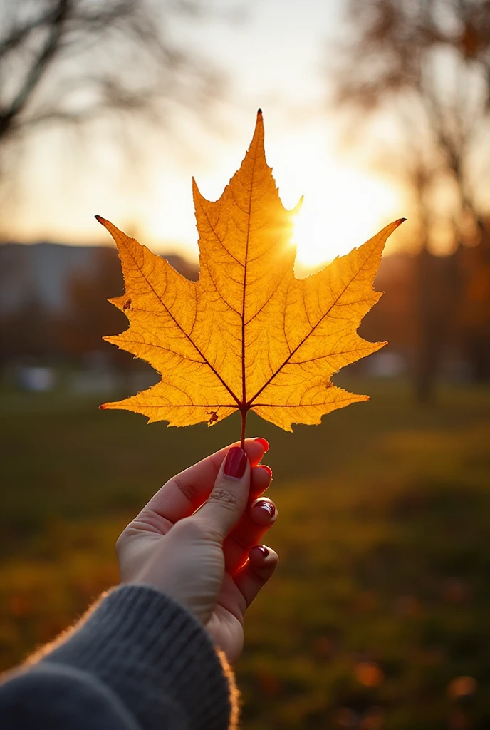 Sunny autumn morning. A woman's hand with a red neat manicure and a ...