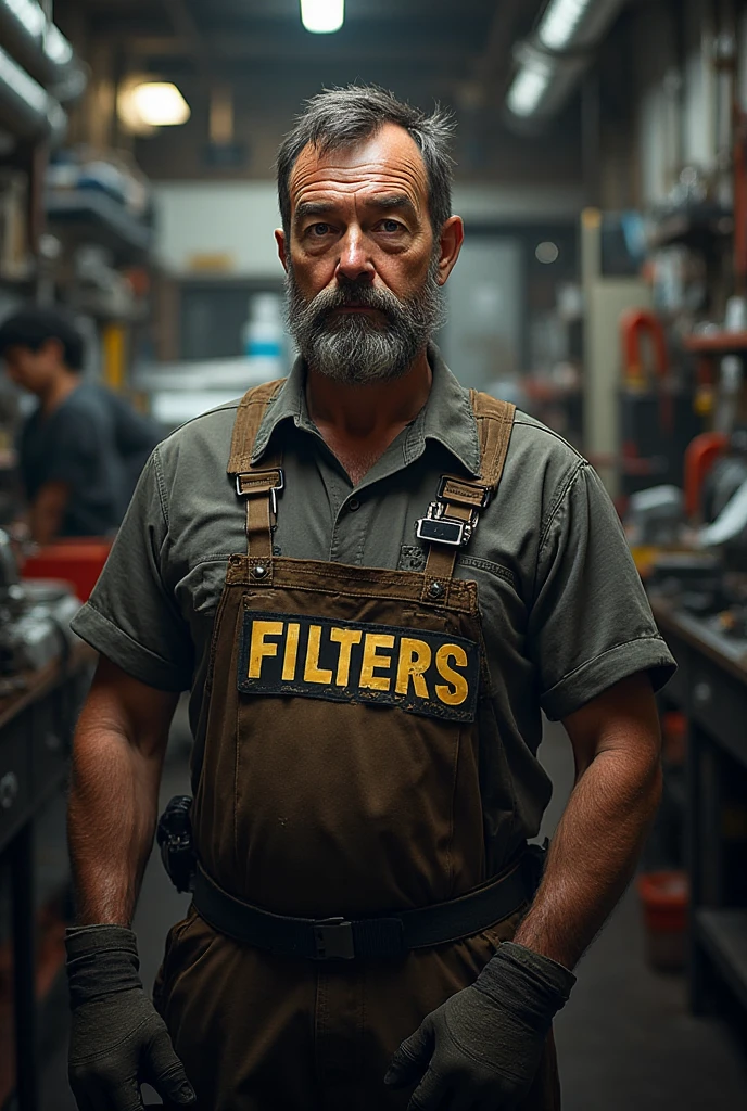 The car mechanic is standing in a, on which, form on his chest with the ...