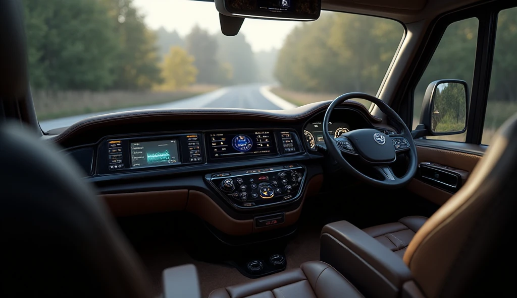Realistic interior view of the Volvo 9600 luxury bus from the driving ...