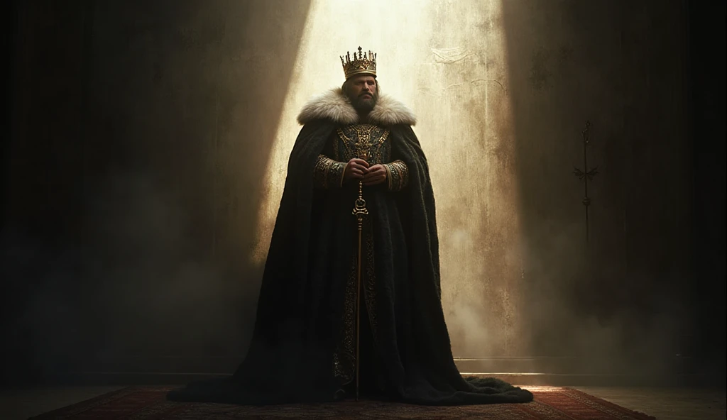 A powerful king in full regalia (sceptre, crown, ermine robe - SeaArt AI