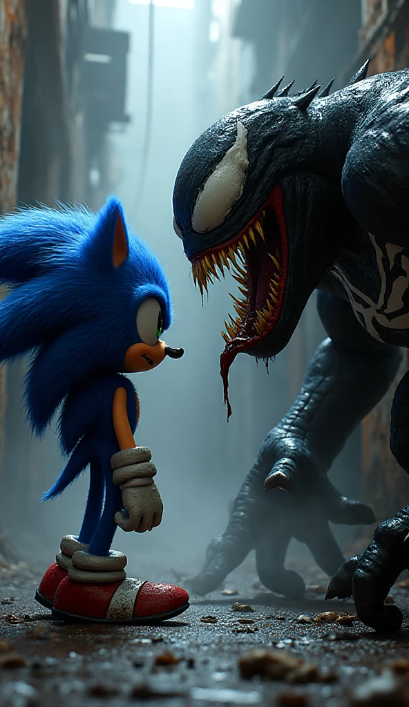 Pixar-style, 3D render — Sonic from Sega stands in a dark alley covered ...