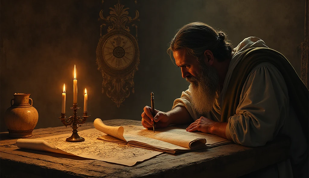 Ancient Greek scholar writing on scrolls in candlelight, old map of ...