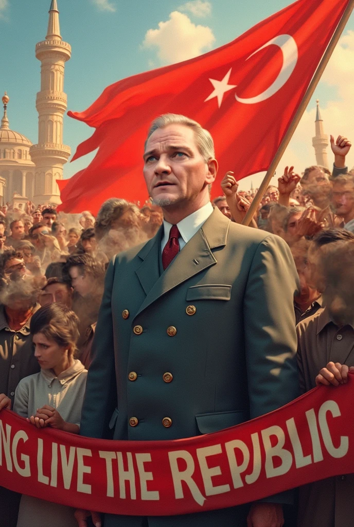 MUSTAFA KEMAL Atatürk in the center, a smiling crowd of young and old ...