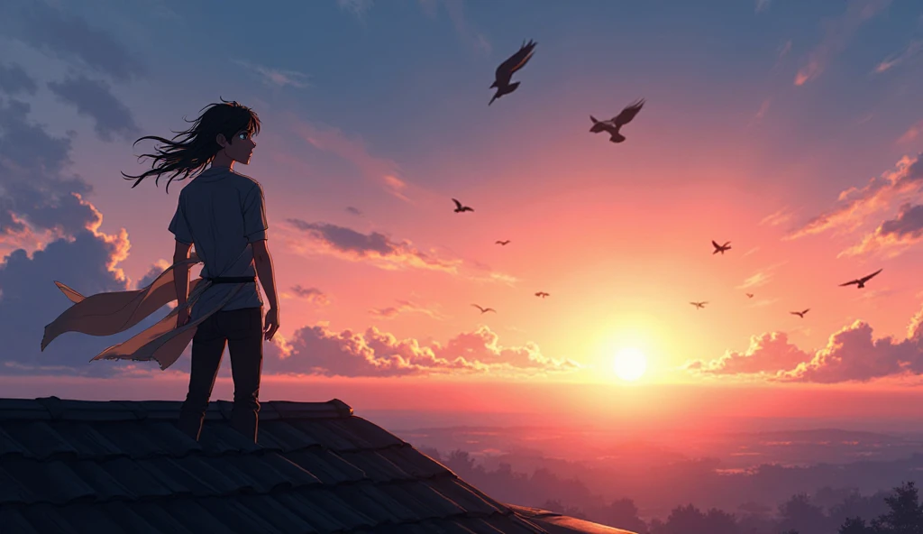 Anime scene of Aryan standing on his house rooftop at dawn, wind ...