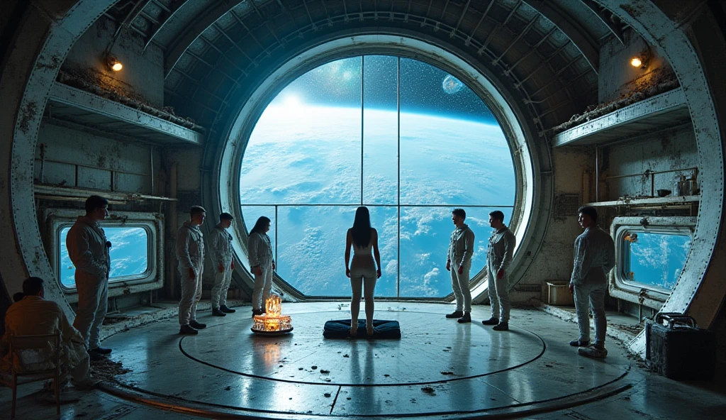 Wide cinematic view of an abandoned space station orbiting above Earth ...