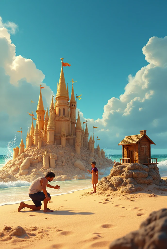 Create a symbolic beach scene in 3D Disney Pixar style. In the ...