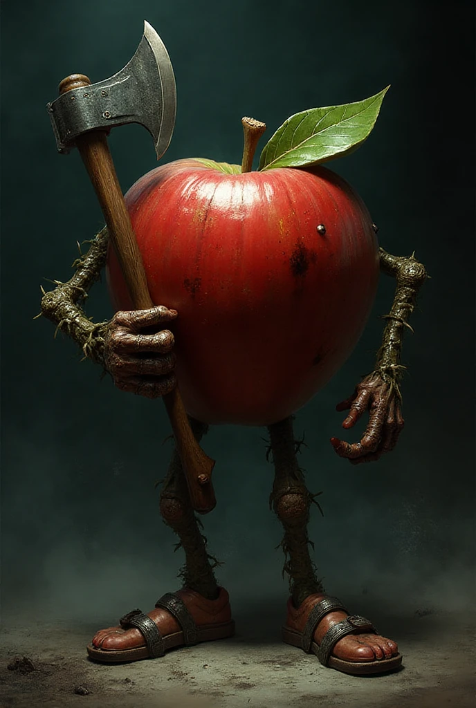 A living evil apple in sandals with an ax in his hands - SeaArt AI