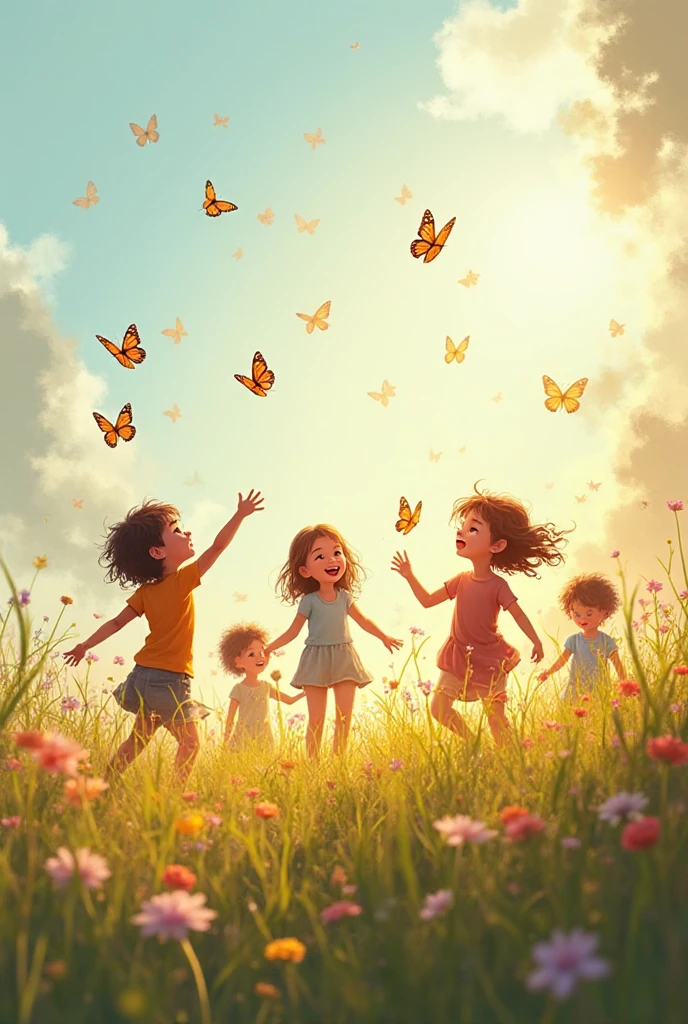 A group of children chase butterflies across a sunlit meadow - SeaArt AI