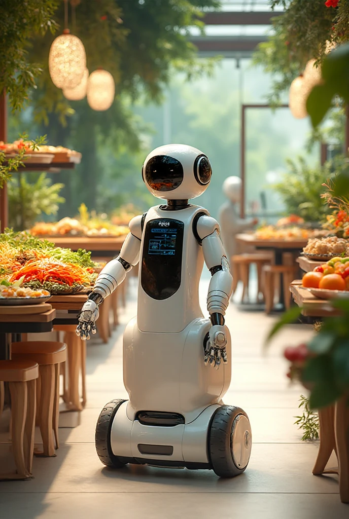 Mobile robot serving customers in vegetarian buffet assisted with food ...