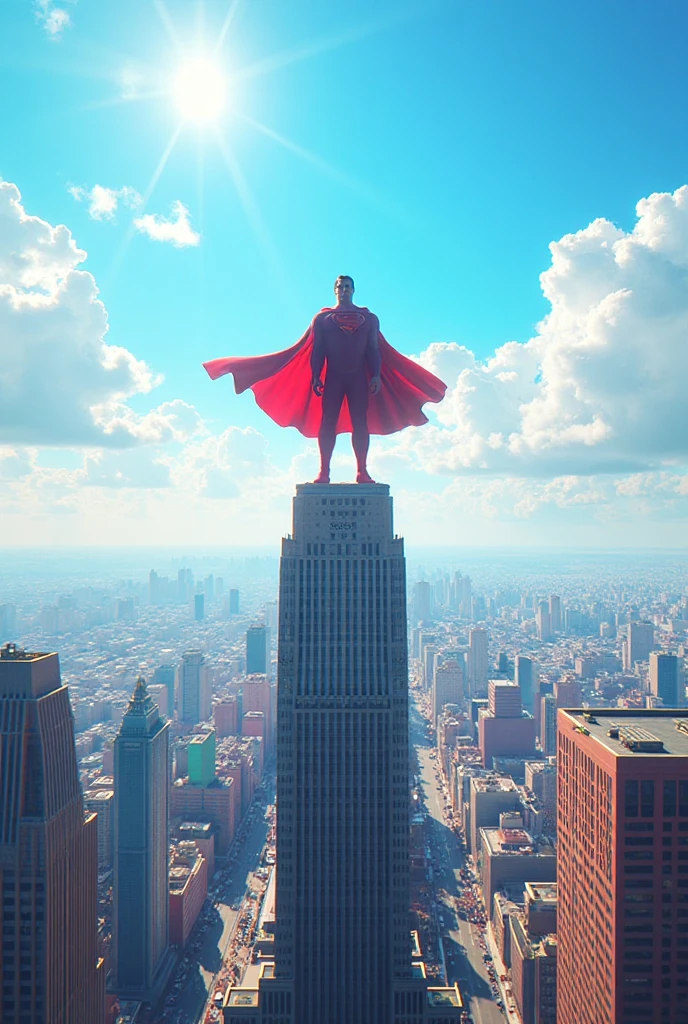 A cheerful morning in Metropolis, Superman standing on a tall building ...