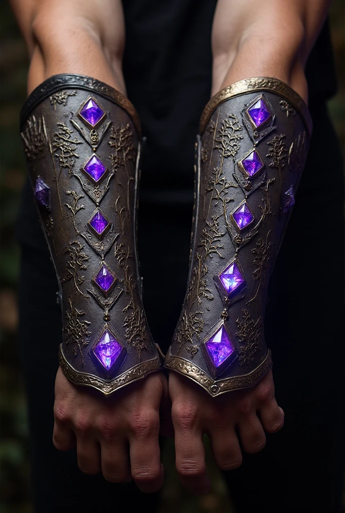 Some medieval forearm bracers made of dark brown bronze and shiny metal ...