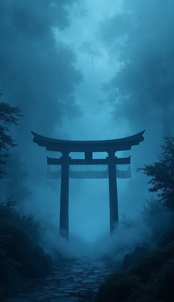 Torii gate at night enveloped in silent fog, deep cobalt palette ...