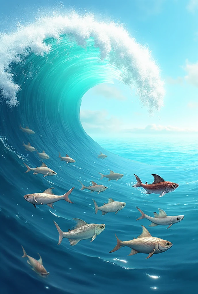 Create visual art, a wave and some fish following its flow, but there ...