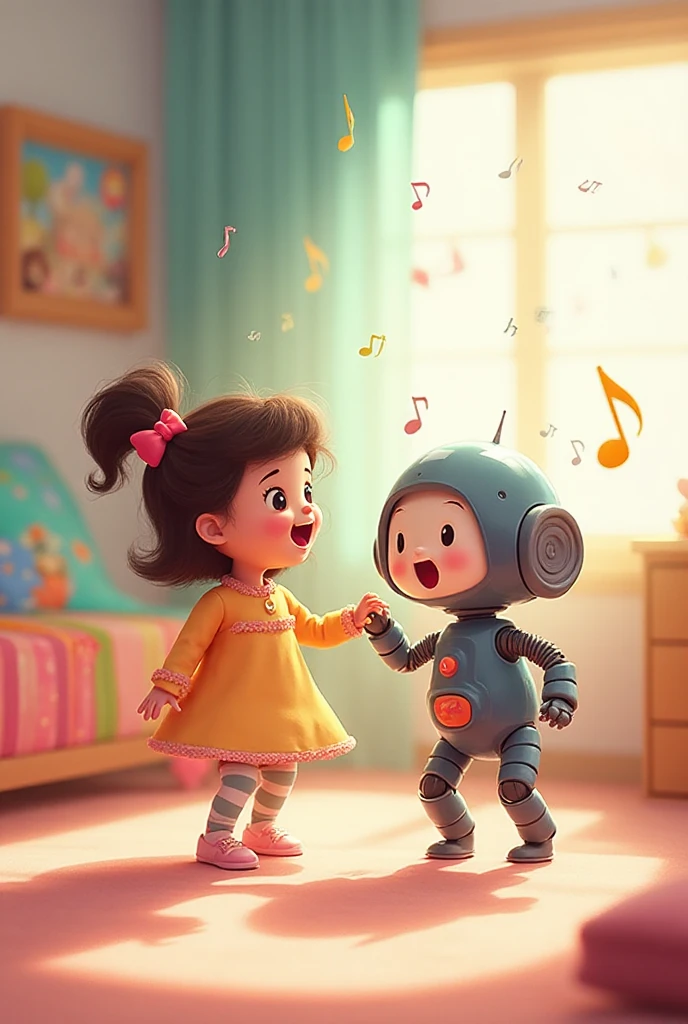 Little girl Su and her robot friend Mimi dancing and singing happily in ...