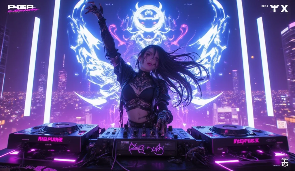 DJ Nyx is vigorously dancing and manipulating the cyberpunk mixer with ...
