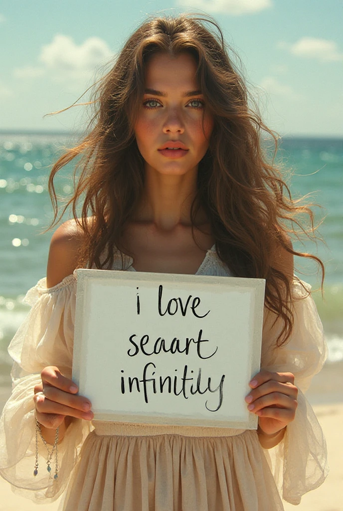 Beautiful girl with long wavy hair, bohemian dress, holding a white board with t - SeaArt AI