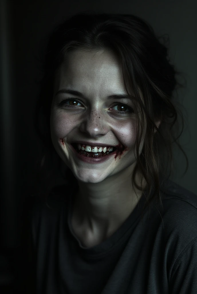 I want it to be with a black background and smiling evilly with blood ...