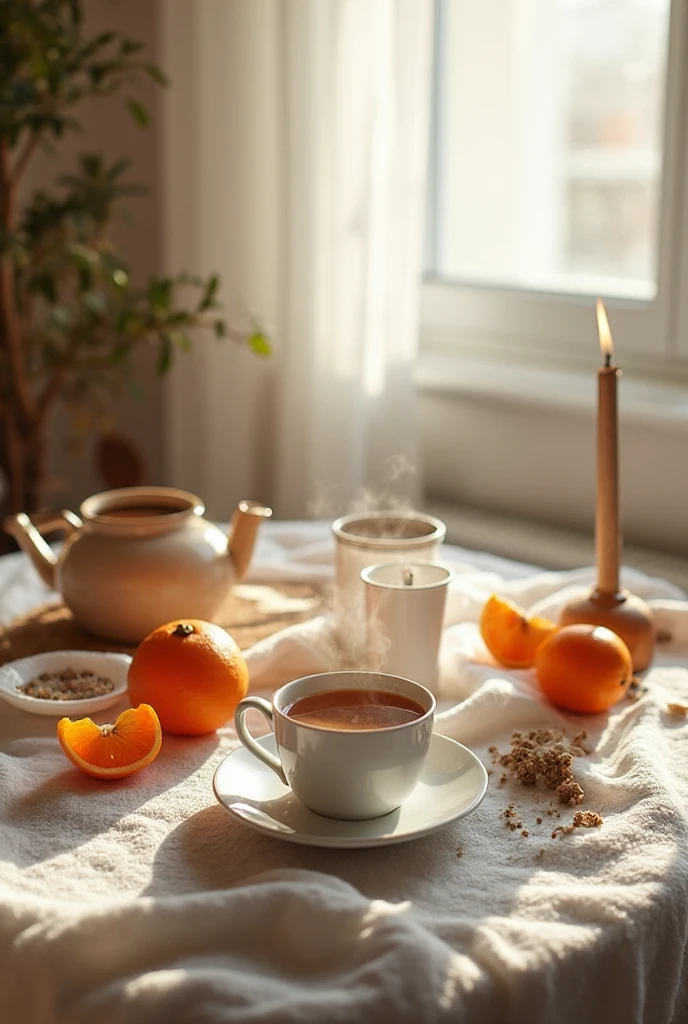 “Minimalist coffee table at dawn, with handmade white porcelain - SeaArt AI