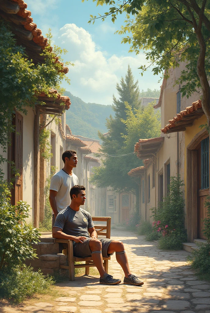 The village where Ronaldo sits on a bench - SeaArt AI