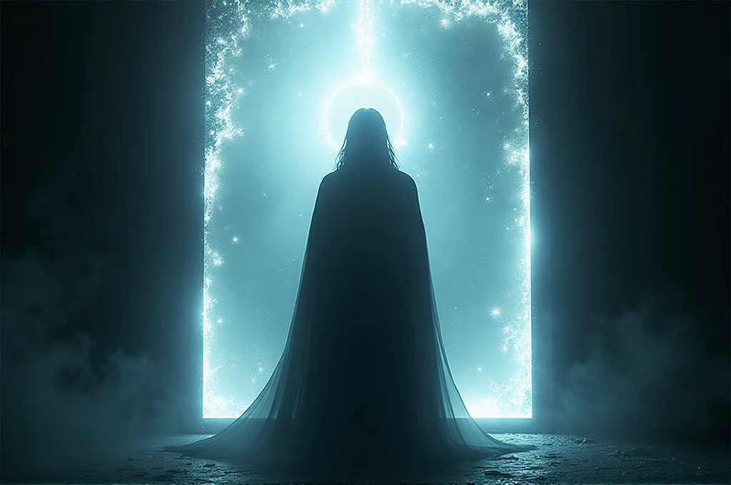 Silhouette in front of a luminous mirror reflecting two halves - SeaArt AI