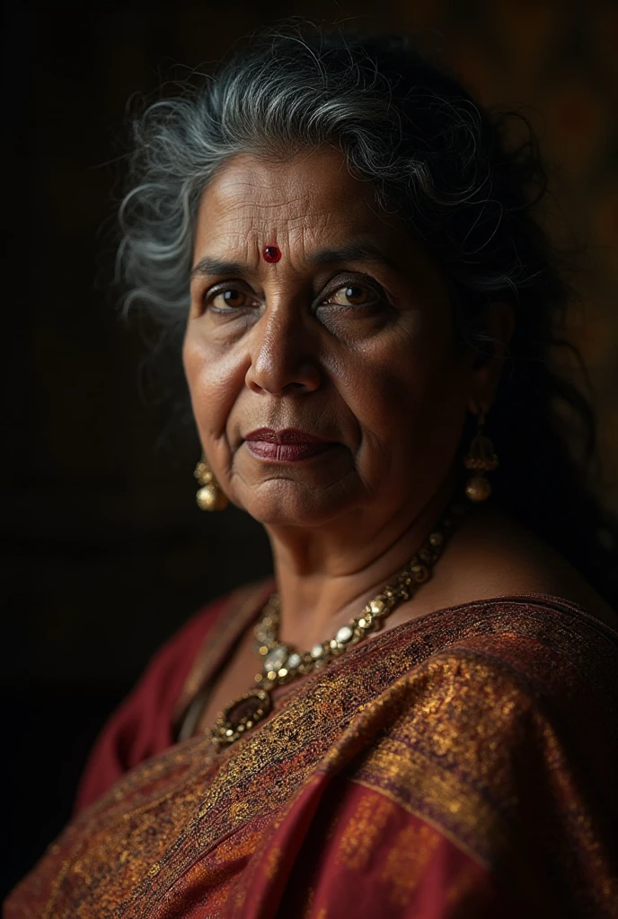(a Close-up Portrait photo of a ???? middle aged mature Indian woman ...