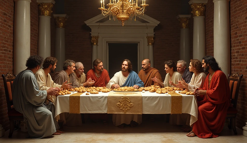 Jesus Christ Holy Supper with brick walls and white pilasters in the ...