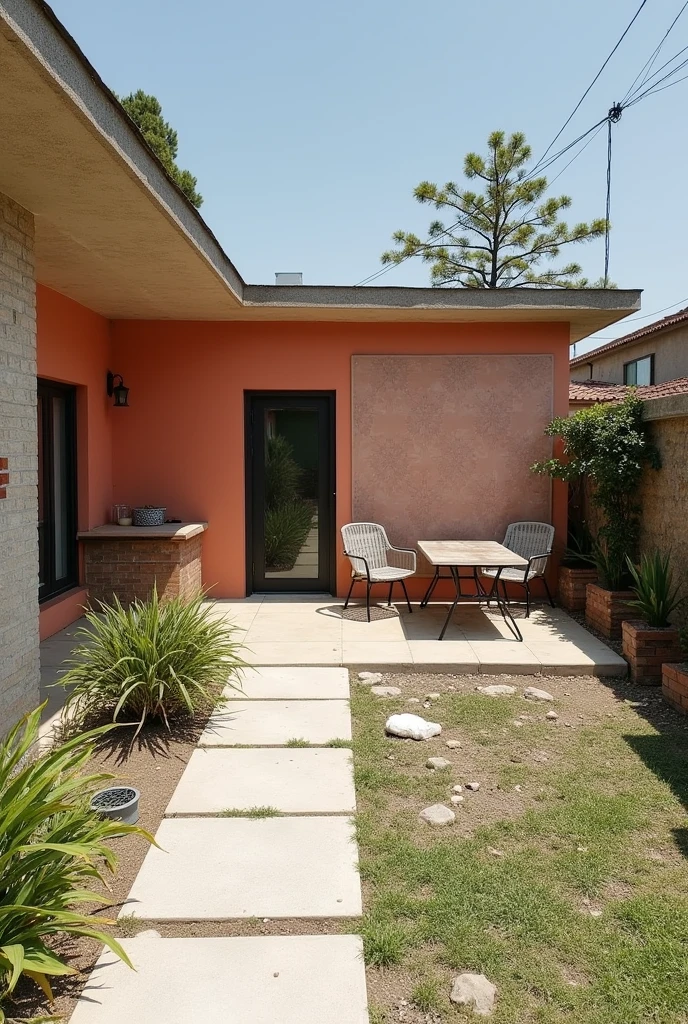Arrange all this outdoor area, Paint house light salmon color - SeaArt AI