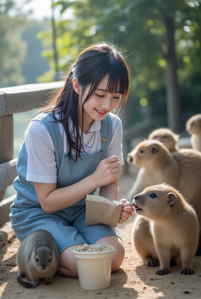 A realistic and emotionally warm scene of a Japanese animal caretaker ...