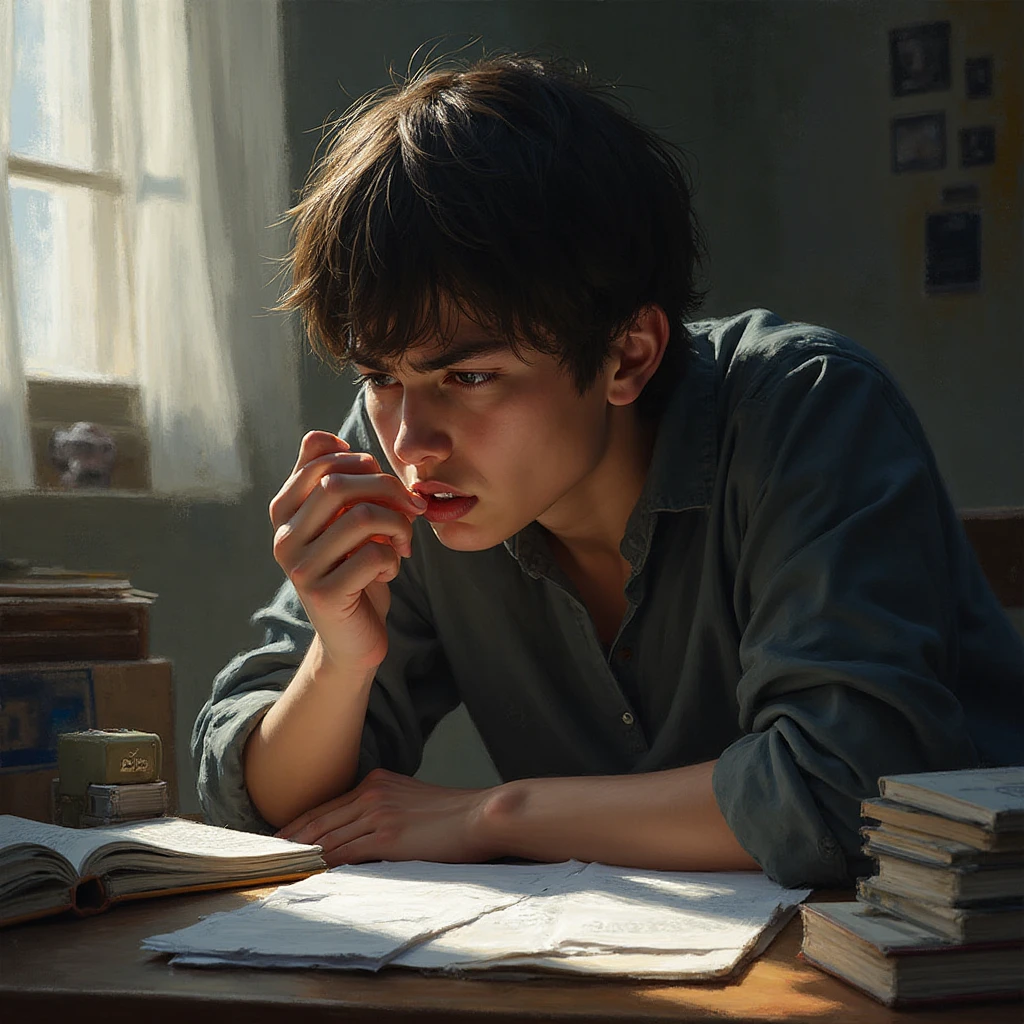 Detailed portrait of a student, stressed and anxious, before a big exam ...